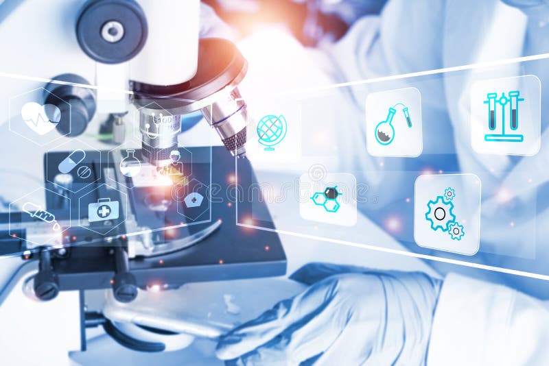 Double Exposure Microscope Young Woman Scientific Using Equipment in ...