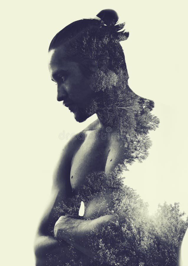Double Exposure : Muscular Young Man and Pine Forest Stock Photo ...