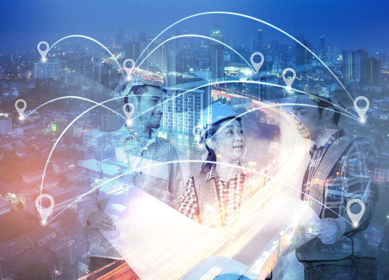 Double Exposure of Network and City and Network Connection Conc Stock ...