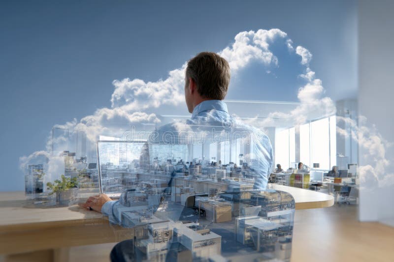 Double Exposure of Office Worker with Virtual Cloud Computing ...