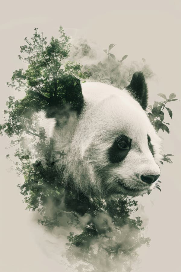 Double Exposure of a Panda and Forest Element Stock Illustration ...