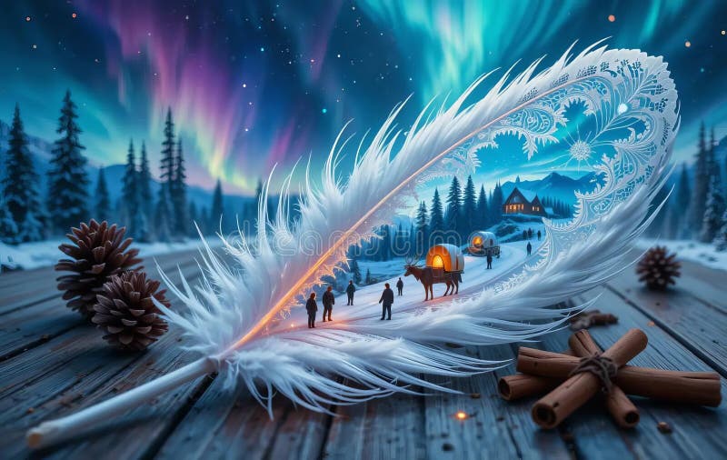 A Double Exposure Photograph of a Feather on a Wooden Table with a ...