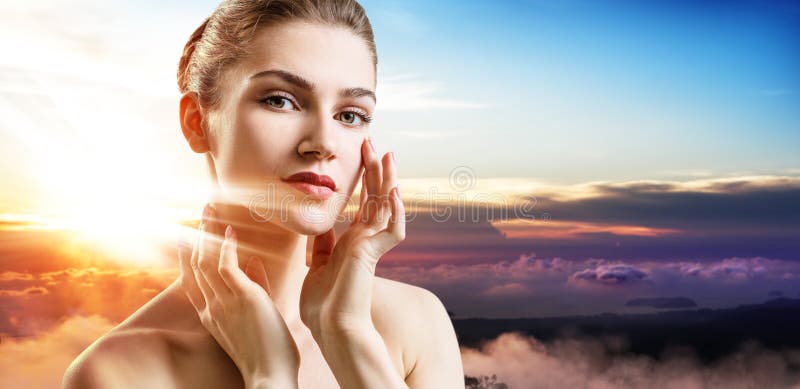 Double Exposure Portrait of Beautiful Woman and Sunset. Stock Photo ...