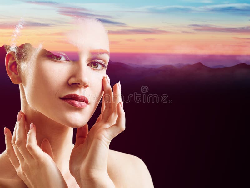 Double Exposure Portrait of Beautiful Woman and Sunset. Stock Photo ...