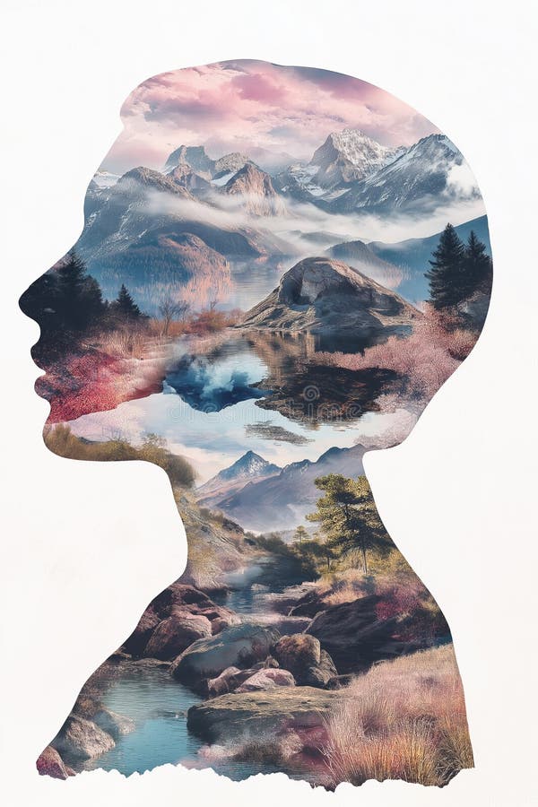 Double Exposure Portrait Featuring Mountain Landscape, River, Trees ...