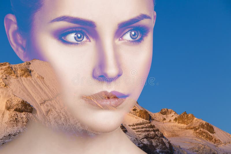 Double Exposure Portrait of Young Beautiful Woman and Mountains. Stock ... Double Exposure Portrait of Young Beautiful Woman and Mountains. Stock ...