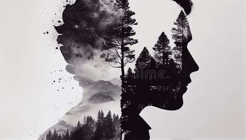 Double Exposure Portrait of Young Man and Forest Stock Illustration ...
