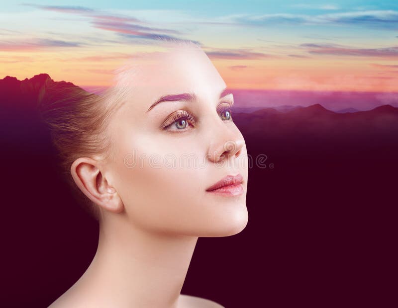 Double Exposure Portrait of Young Woman and Sunset. Stock Photo - Image ...