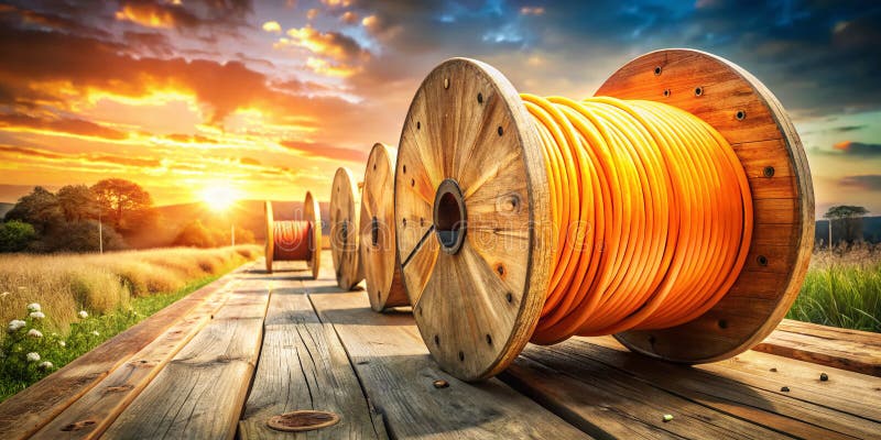 Double Exposure of Powerful Orange Fiber Optic Cable on Wooden Spools a ...