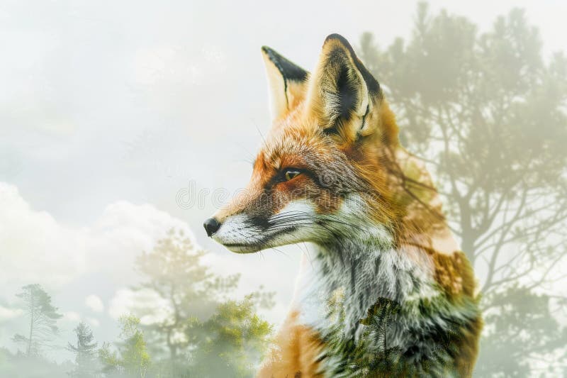 Double Exposure of a Red Fox and Forest Landscape Stock Illustration ...