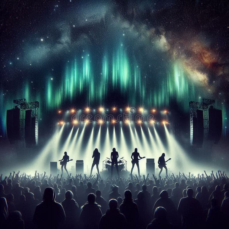 Double Exposure of Rock Band Performing and Background of Silhouette ...