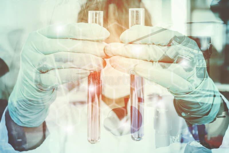 Double Exposure of Women Doctor Science Experiment Hand Holding Stock ...