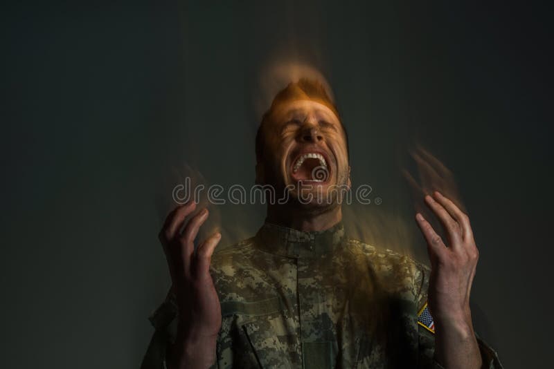 Double Exposure of Serviceman Screaming while Stock Image - Image of ...