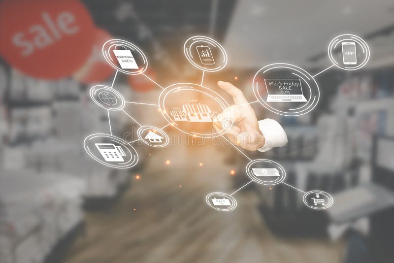 Double Exposure of Shop and Businessman Touchscreen on the Graph Screen ...