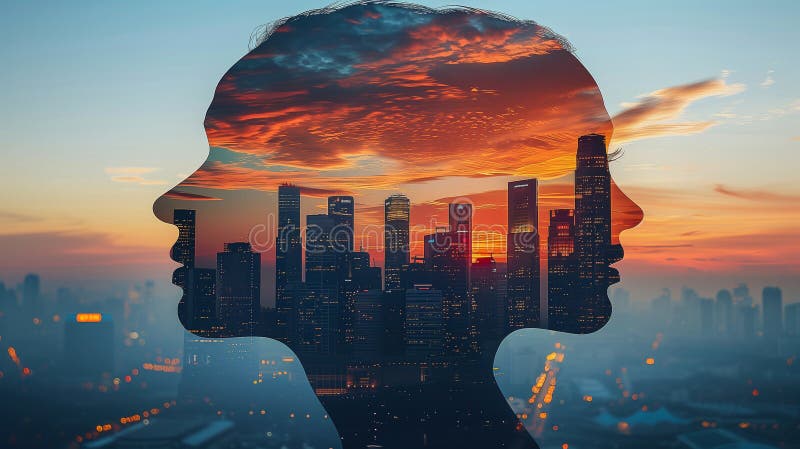 Double Exposure Silhouette with Cityscape and Sunset Stock Illustration ...