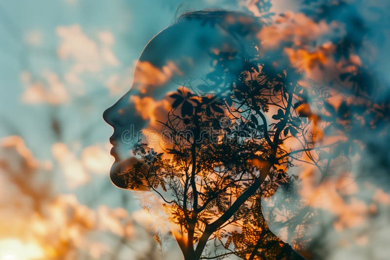 A Double Exposure of a Silhouette Profile Female Head and Trees, with ...