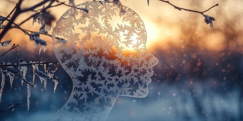 Double Exposure of a Silhouetted Face Made of Ice Crystals Against a ...
