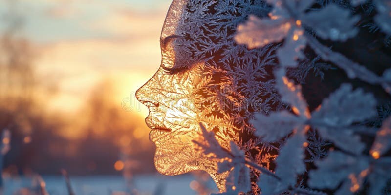 Double Exposure of a Silhouetted Face Made of Ice Crystals Against a ...