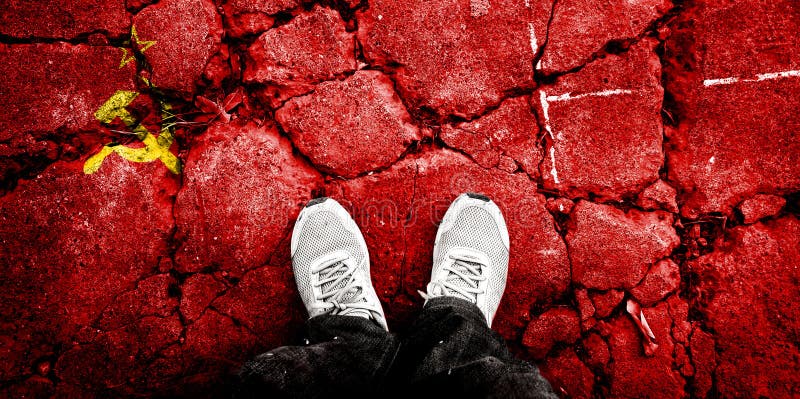 Double Exposure of Soviet Union Flag with Cracks on Broken Stone. a ...