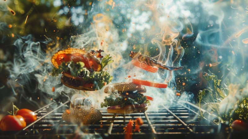 Double Exposure of Spinning Burger Ingredients and a Barbecue Grill ...
