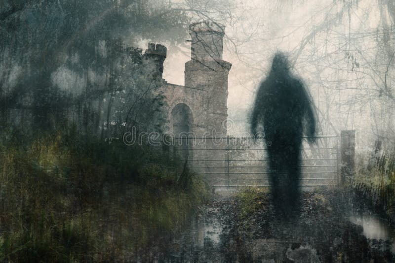 A Double Exposure of Spooky Castle. with a Blurred Ghostly Figure on a ...