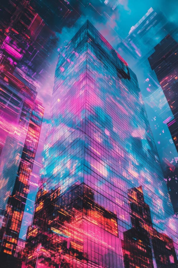 Double Exposure of a Synthwave Skyscraper with Dynamic City Lights ...