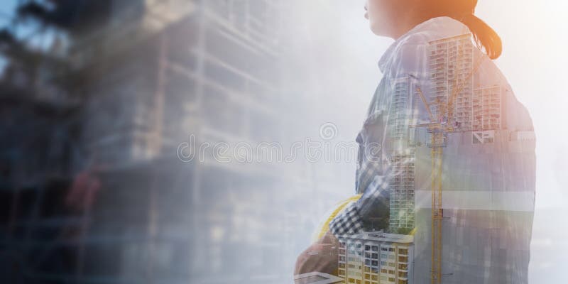 Double Exposure of Technician Engineer with Safety Helmet with ...