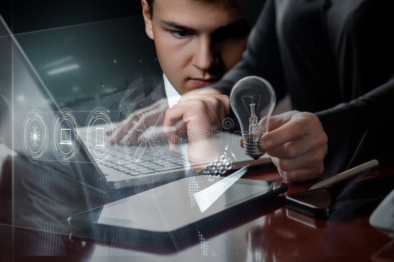 Double Exposure of Thinking Businessman and Burning Light Bulbs Stock ...