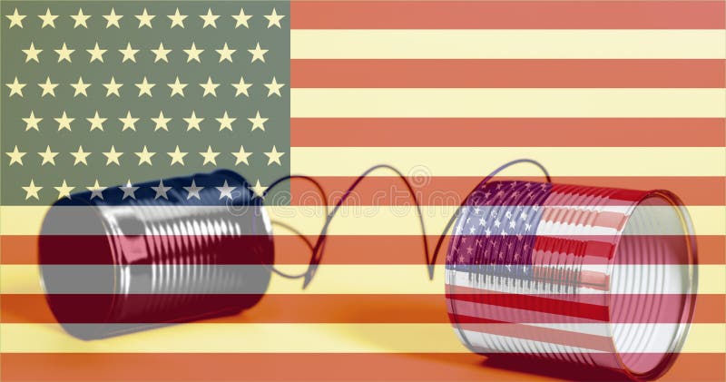 Double Exposure of Tin Can Phone with USA Flag. Communication Concept ...
