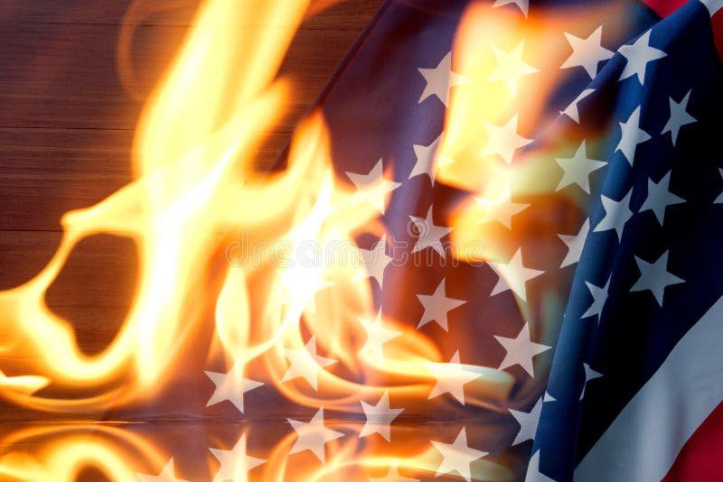 Double Exposure of USA Flag and Fire Flames on a Black Background Stock ...