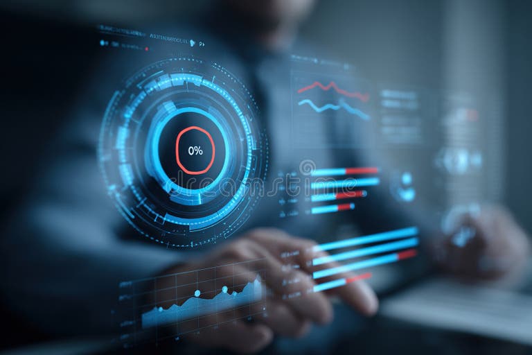 Double Exposure. Virtual Screen with Data Analysis System. a Business Analyst Using a KPI ...