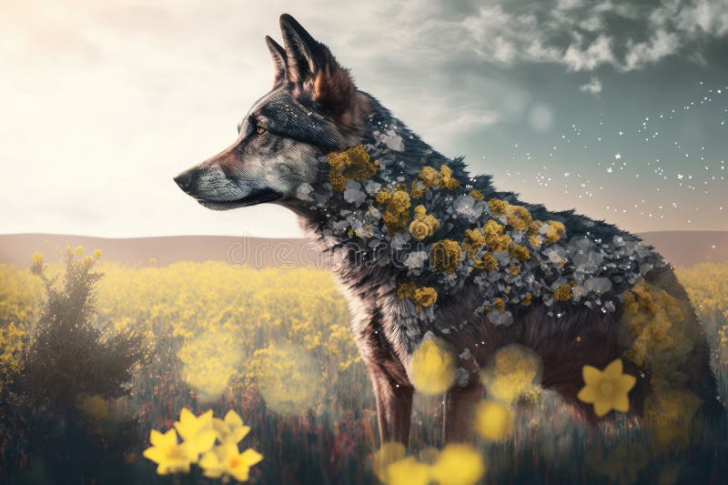 Double Exposure of Wolf and Field of Flowers, with Pollen-filled Air ...