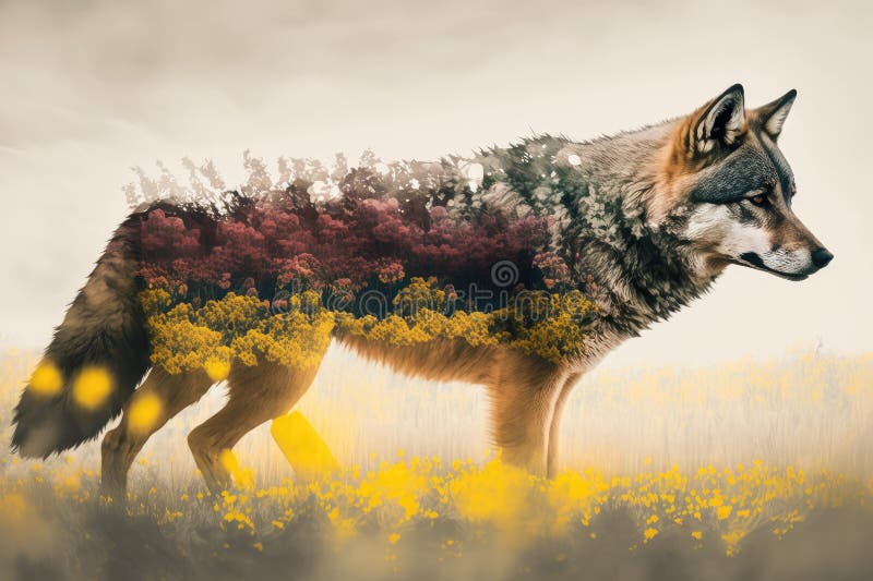 Double Exposure of Wolf and Field of Flowers, with Pollen-filled Air ...