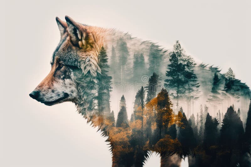 Double-exposure of Wolf and Forest, with Blurred Trees and Smoke in the ...