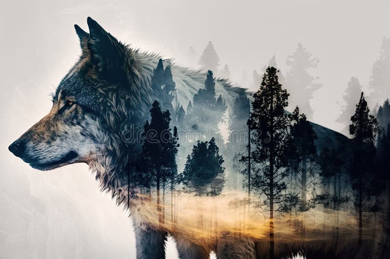 Double-exposure of Wolf and Forest, with Blurred Trees and Smoke in the ...