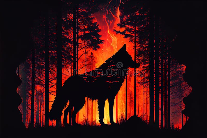 Double Exposure. the Wolf and the Forest Fire. Ecological Disaster ...