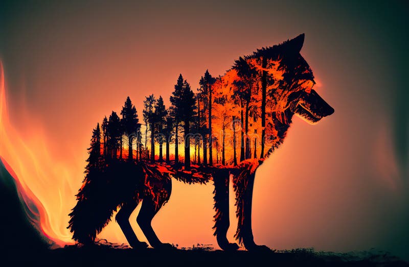 Double Exposure. the Wolf and the Forest Fire. Ecological Disaster ...