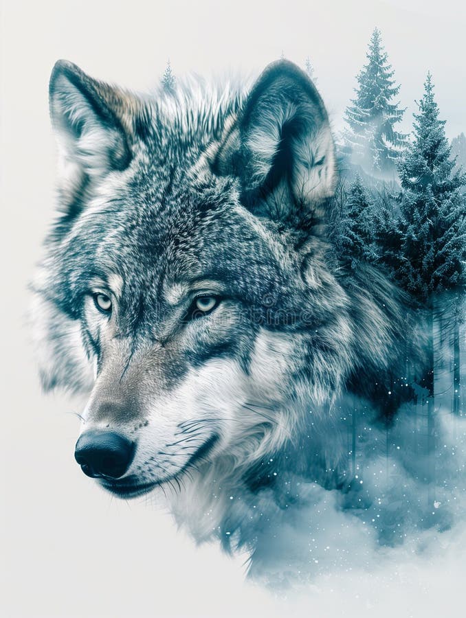 Double Exposure of Wolf and Forest Poster Art Stock Illustration ...