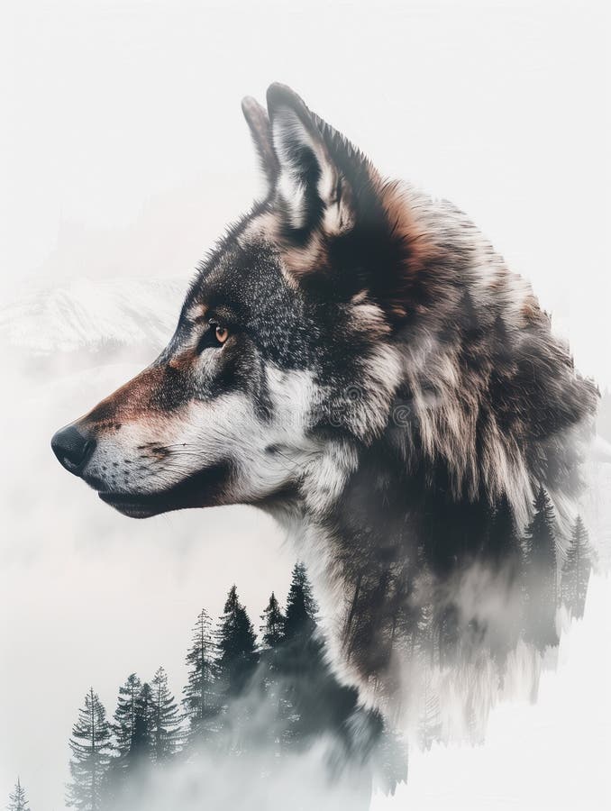 Double Exposure of Wolf and Forest Poster Art Stock Illustration ...