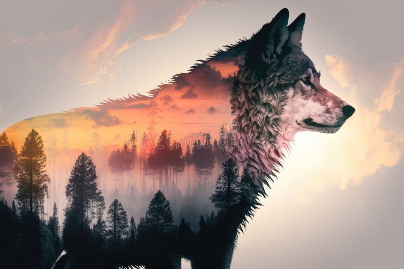 Double Exposure of Wolf in Forest, with Sunset Sky and Clouds Stock ...