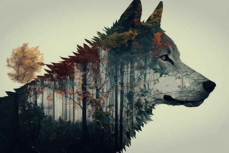 Double Exposure of Wolf and Forest, with the Trees and Leaves in Motion ...