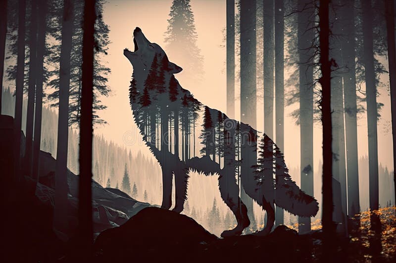 Double Exposure of Wolf Howling in Forest, with Hidden Figure Lurking ...
