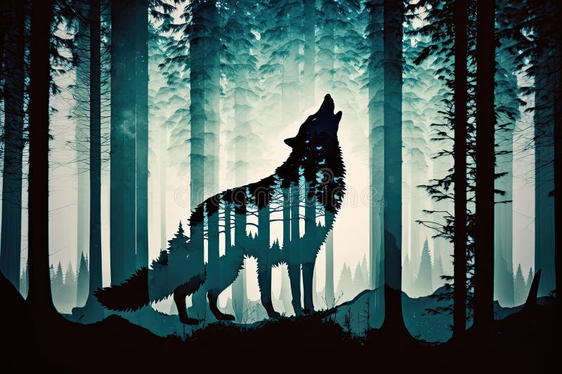Double Exposure of Wolf Howling in Forest, with Hidden Figure Lurking ...