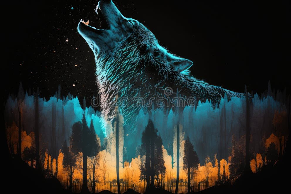 Double Exposure of Wolf Howling in Forest at Night Stock Illustration ...