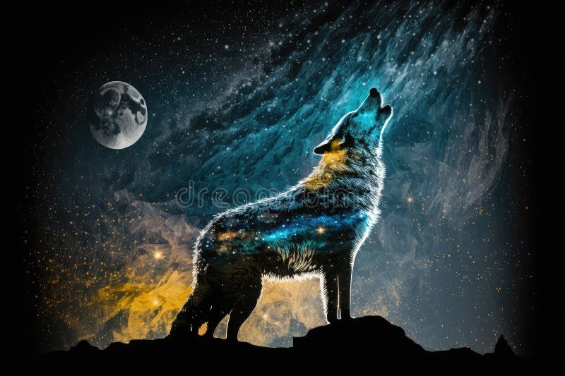 Double Exposure of Wolf Howling at the Moon, with Night Sky and Stars ...