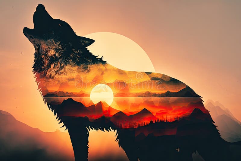 Double Exposure of Wolf Howling at Sunrise, with the Sun Peeking Over ...