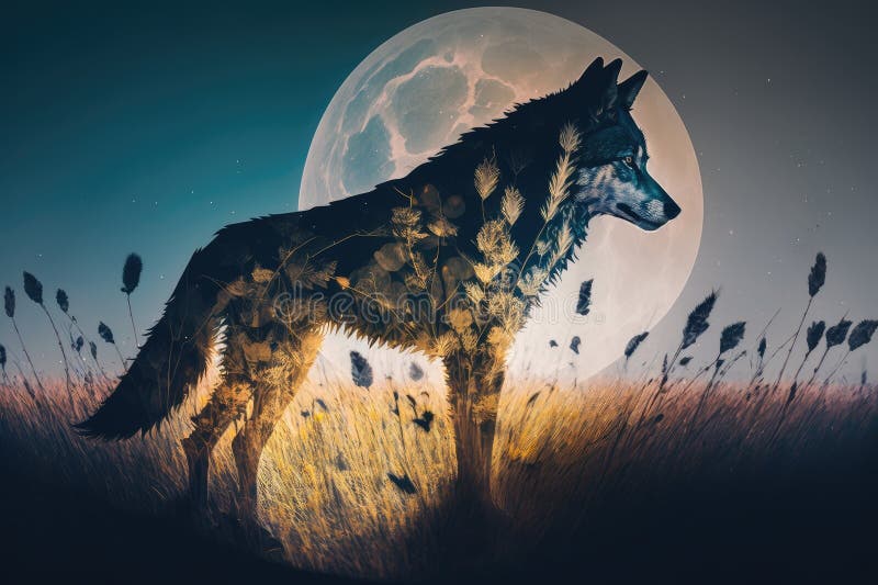 Double Exposure of Wolf and Meadow, with the Moon Shining Overhead ...