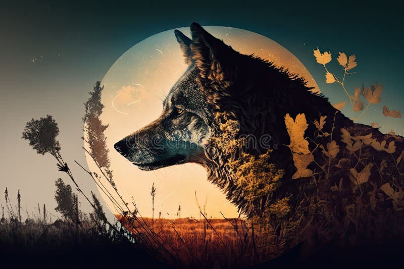 Double Exposure of Wolf and Meadow, with the Moon Shining Overhead ...