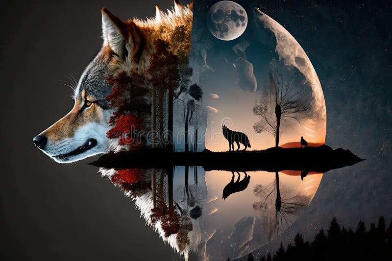 Double Exposure of Wolf and Moon, with the Contrast between Nature and ...