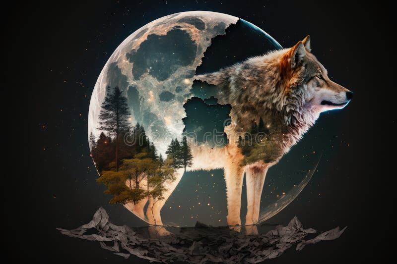 Double Exposure of Wolf and Moon, with the Contrast between Nature and ...
